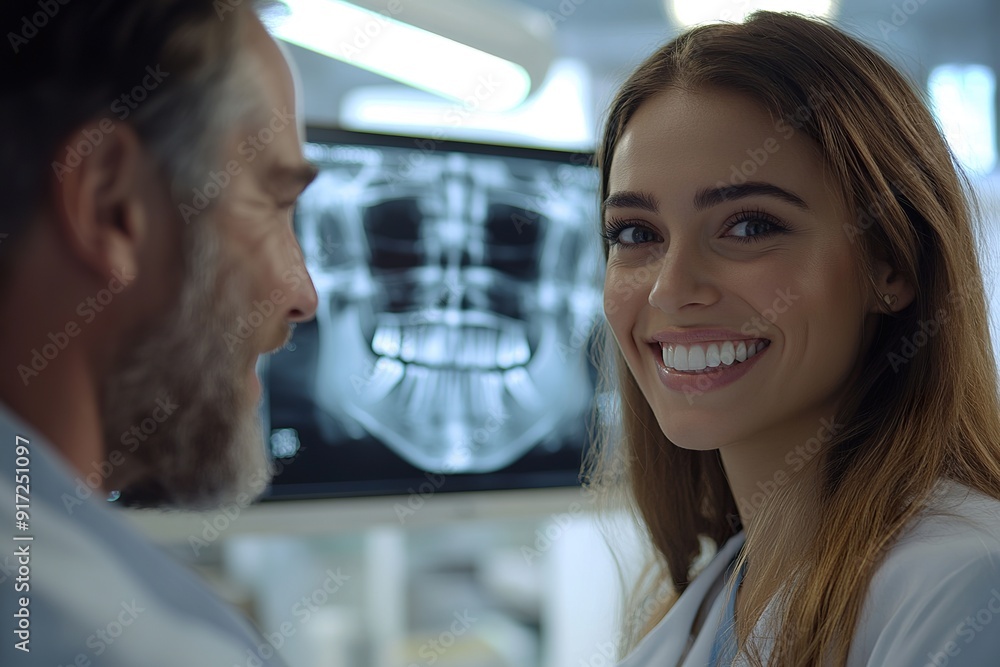 Dentist Reviewing X-Ray Images with Smiling Patients Stock Photo ...