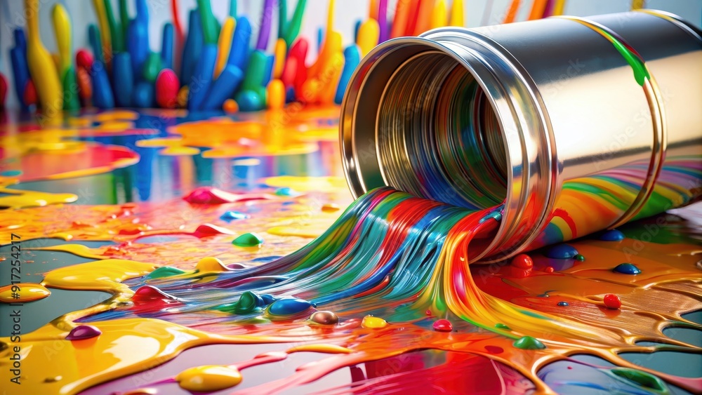 Spilled paint can with colorful paint flowing out, creating a messy and ...