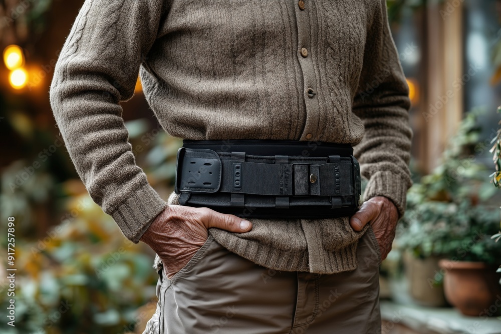 Elderly man wearing a lumbar support belt, standing with hands on lower ...
