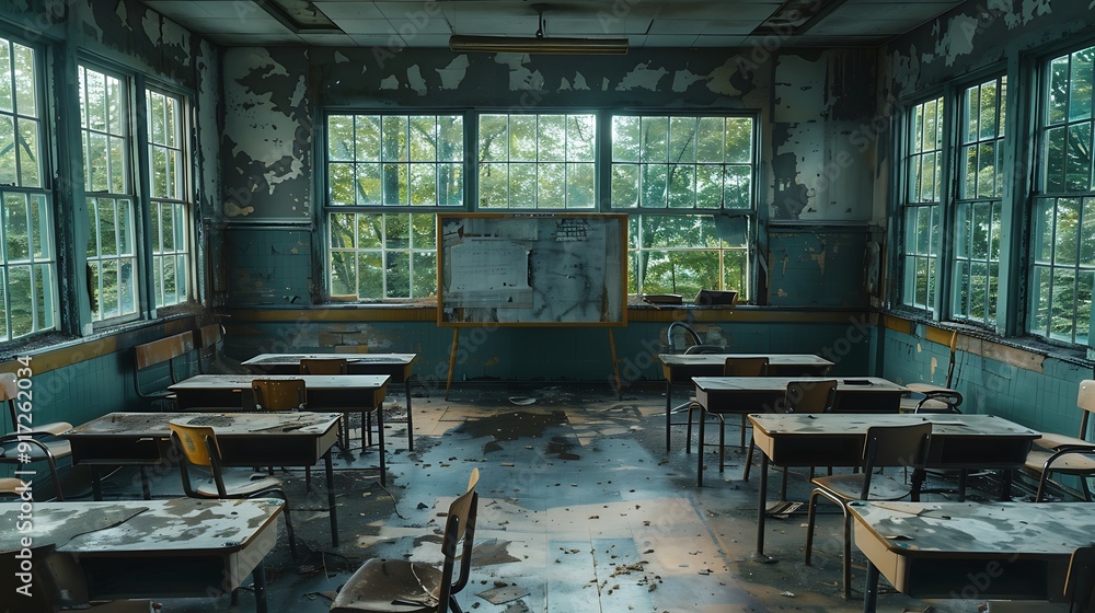A high-resolution image of an abandoned school classroom with vacant ...