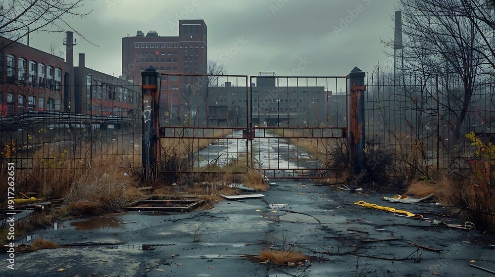 A photograph of a closed factory with rusty gates and deserted ...