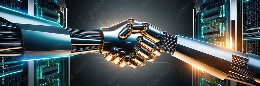 o professionals engage in a handshake against a backdrop of glowing ...