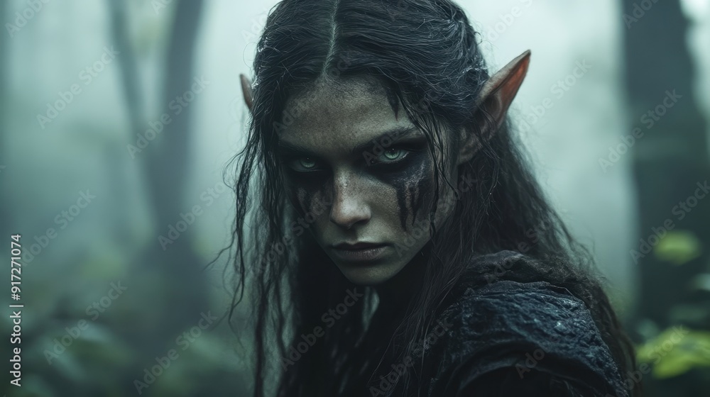Mysterious Dark Elf in Misty Forest with Solemn Expression under Eerie ...