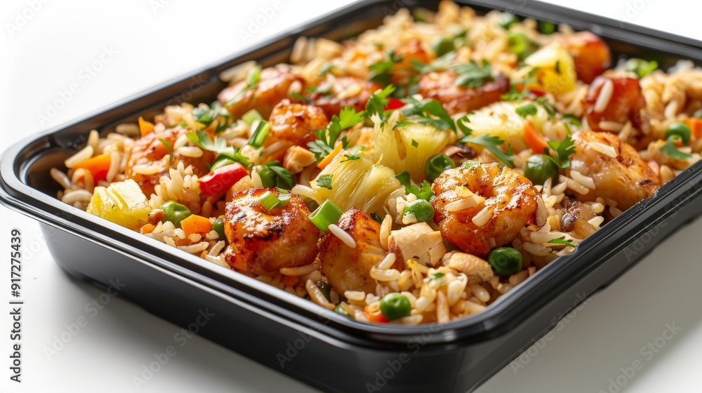Black plastic rectangular container with Thai pineapple fried rice ...