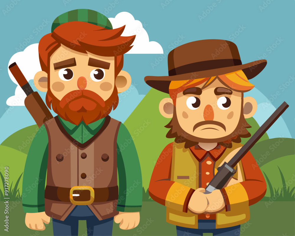 Hunters losers. Cartoon illustration of a hunters with a sad expression ...