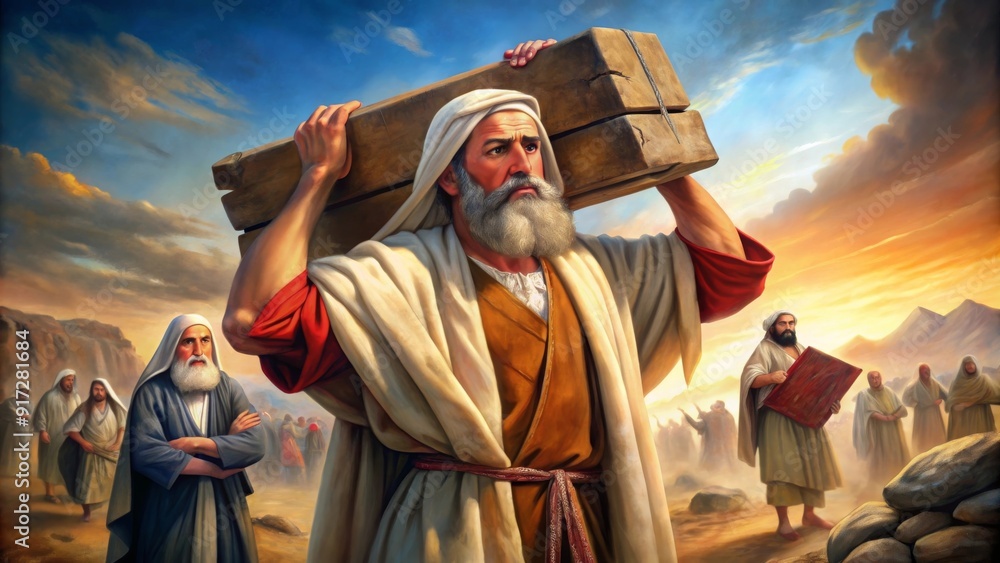 This artwork illustrates Moses carrying the stone tablets, highlighting ...