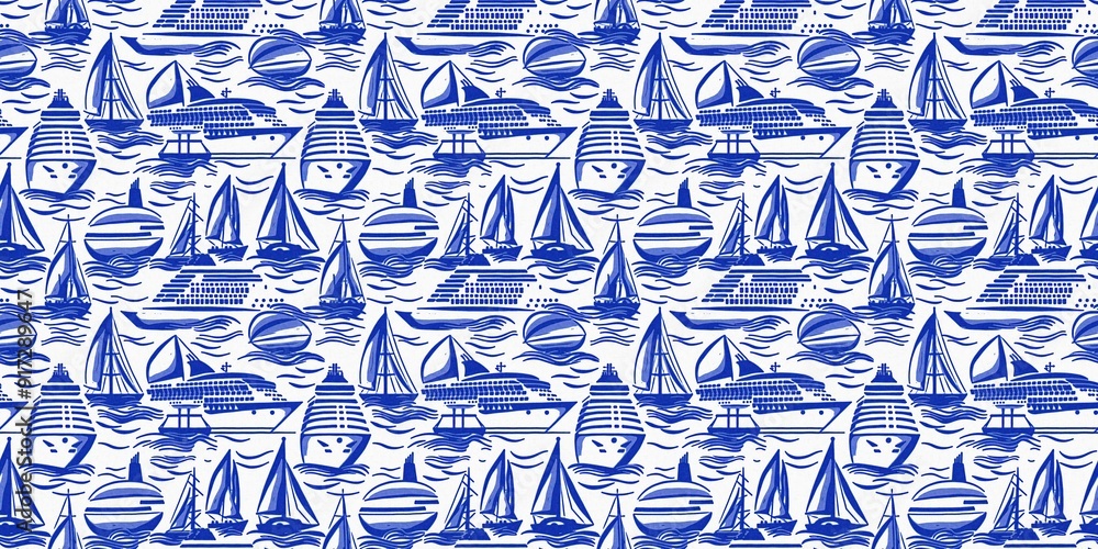 Coastal sail boat in azure ocean blue seamless border background ...