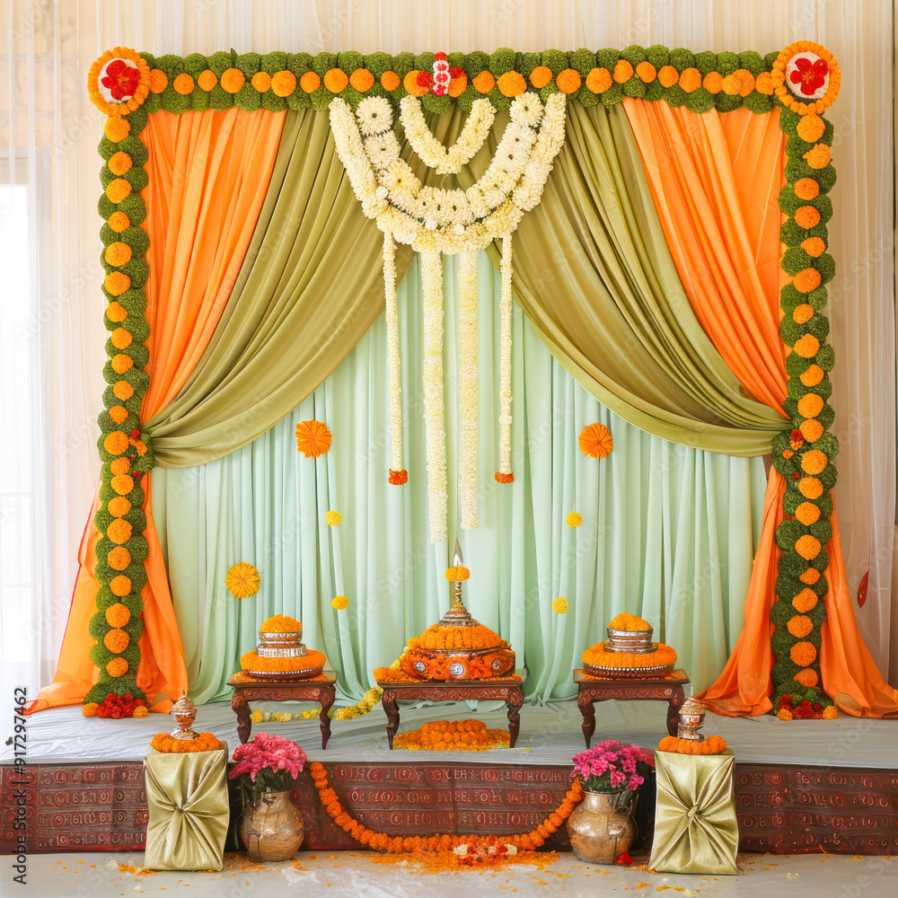 simple elegant traditional telugu Annapurna event backdrop using pastel ...