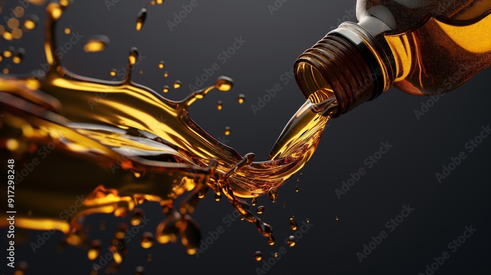 Motor oil bottle with splash and drops, car engine synthetic or mineral ...