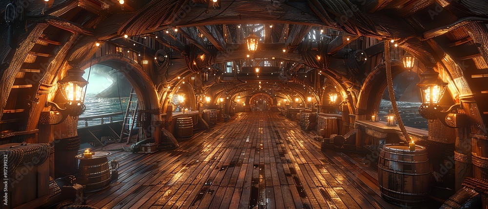 Dimly lit pirate ships lower deck, detailed wooden interiors with ...