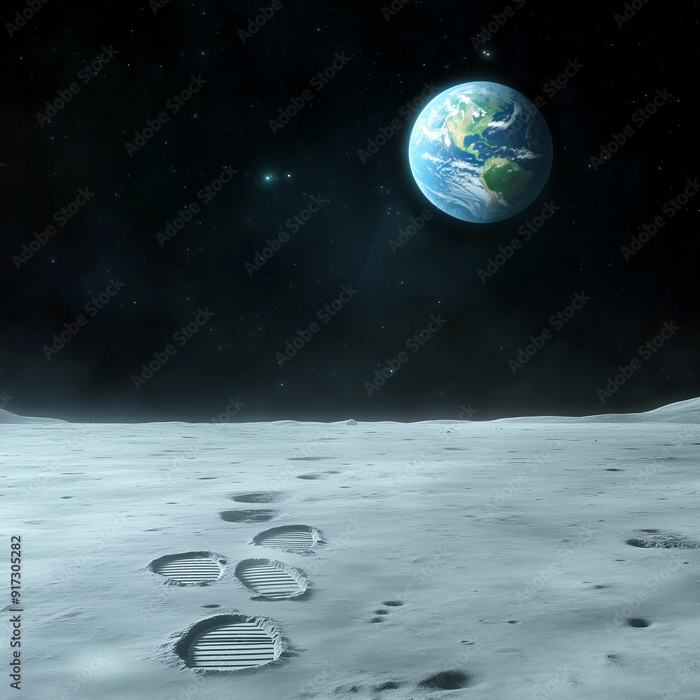 Footprints on the moon's surface with Earth in the starry sky, Moon ...