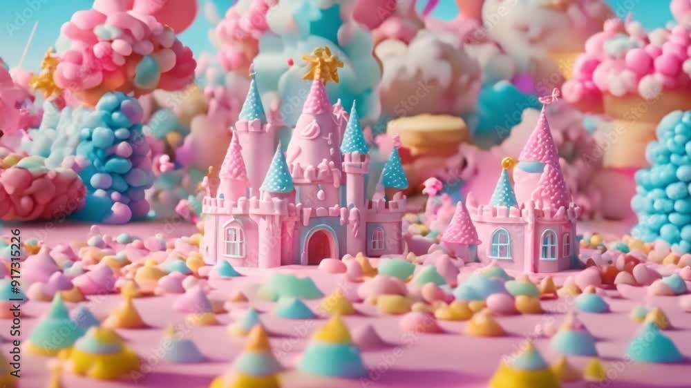 Walk through a sugary dreamland with pastel castle and candy trees ...