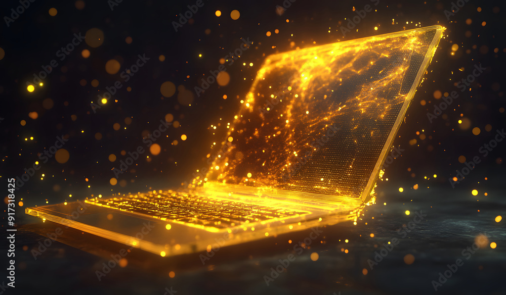 Technology in electronics, digital yellow low poly laptop with glowing ...