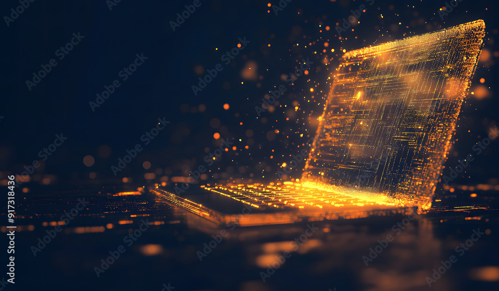 Technology in electronics, digital yellow low poly laptop with glowing ...