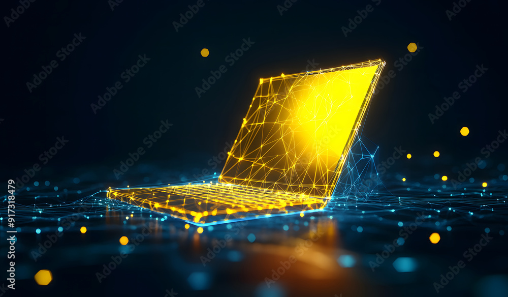 Technology in electronics, digital yellow low poly laptop with glowing ...