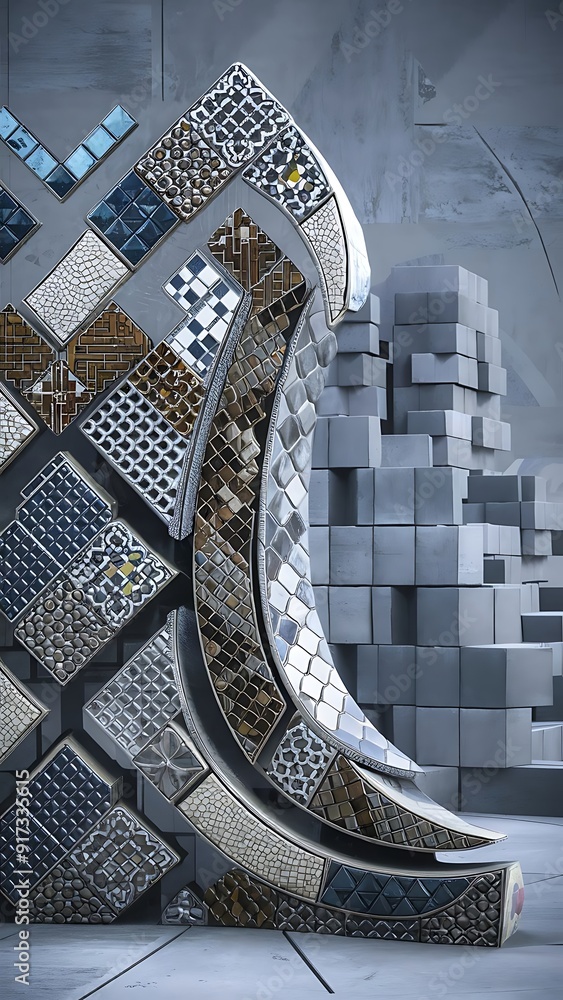 Arabesque, Futuristic Mosaic Tiles arranged in the shape of a wall ...