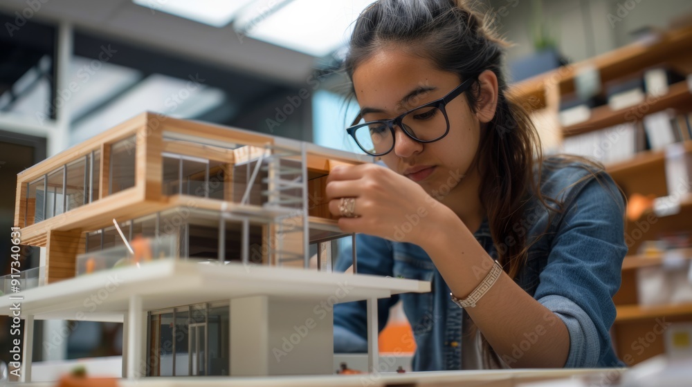 An undergraduate architecture student working on a model of a modern ...