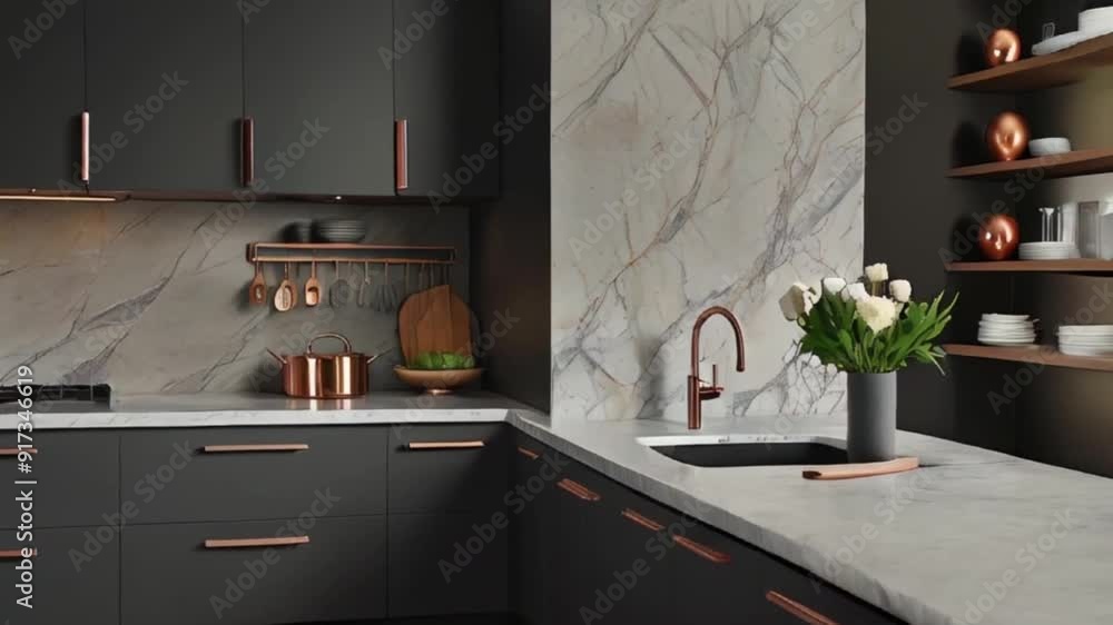 Design a modern kitchen with slate gray cabinets, white quartz ...