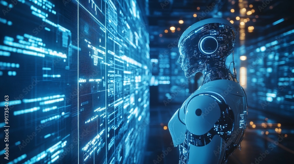 AI Robot Exploring Digital Code in Futuristic Data Center - A futuristic robot stands in a data ...