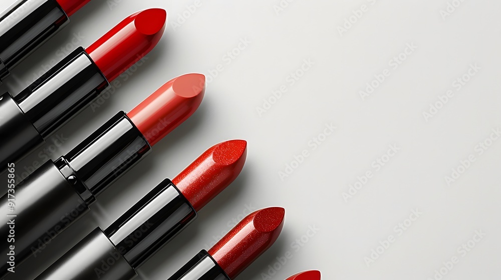 Multiple shades of red lipsticks lined up on white background with copy ...