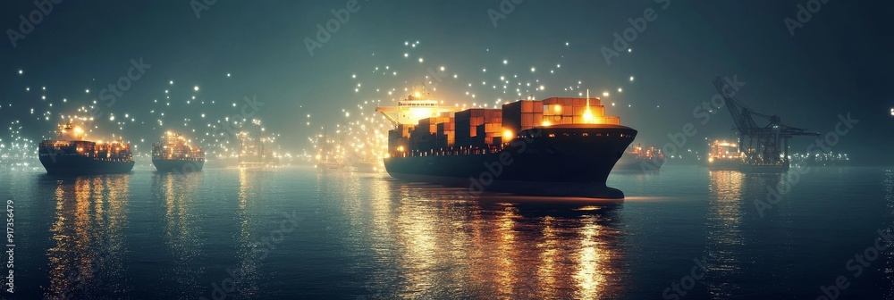 Cargo Ship at Night with Sparkles - A cargo ship illuminated with ...