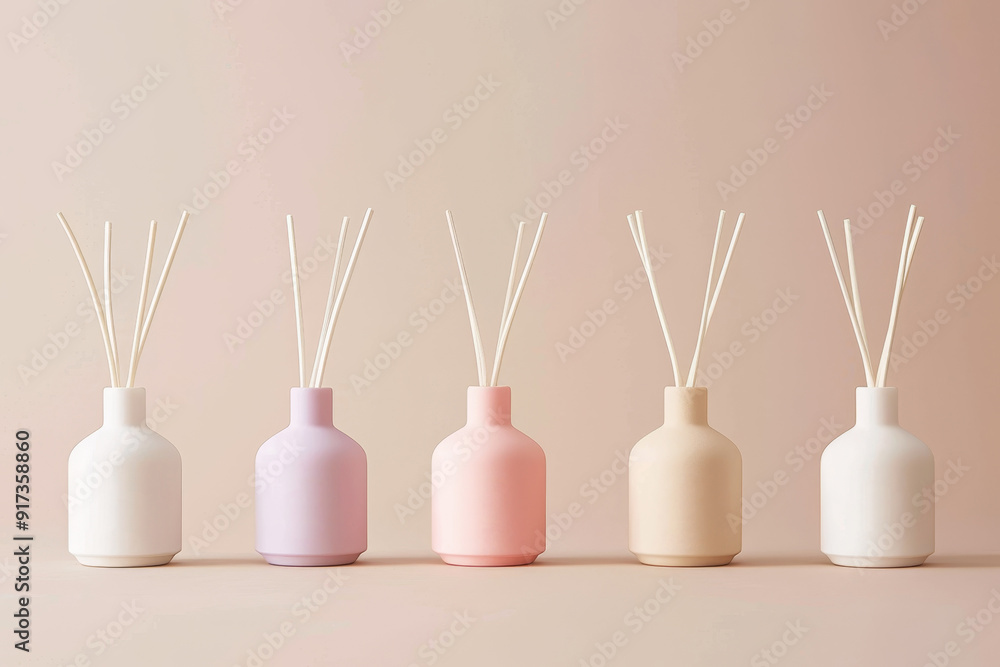 Aesthetic arrangement of five pastel-colored reed diffusers in matte ...