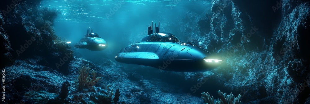 Futuristic Submarines Exploring the Deep Sea - Two futuristic ...
