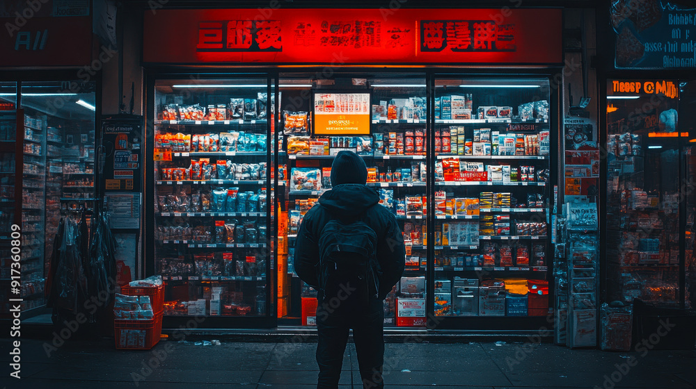 Person Standing Outside Closed Convenience Store at Night in Urban ...