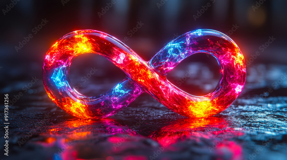 Vibrant Neon Infinity Symbol with Futuristic Energy Glow on Reflective ...