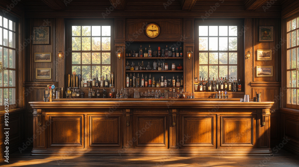 Quaint British Style Pub Interior with Wooden Paneling and Fully ...