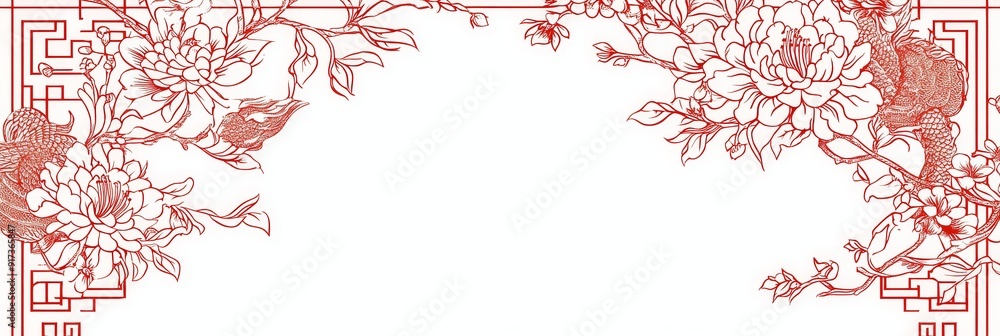 Red Floral Border with Chinese Pattern for Wedding Invitation or ...