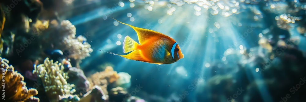 Vibrant Yellow Angelfish Swimming in Sunlit Coral Reef - A single ...