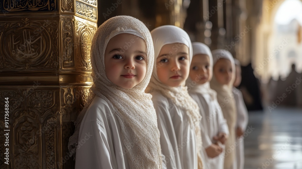Young Muslim Children Praying in Mosque - Four young children dressed ...