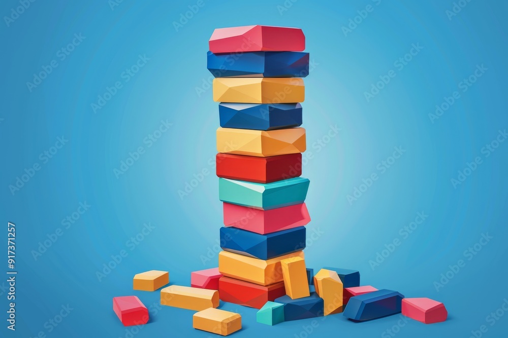 A tall tower made of building blocks stands precariously, waiting for a ...