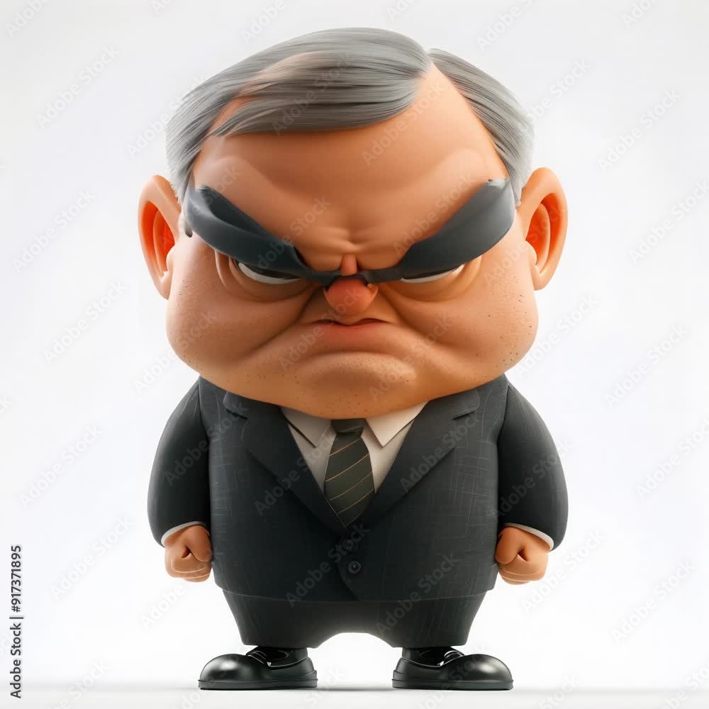 This character features a robust build, wearing a black suit and a tie ...