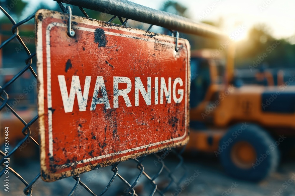 Weathered Red Warning Sign on Chain-Link Fence at Construction Site ...