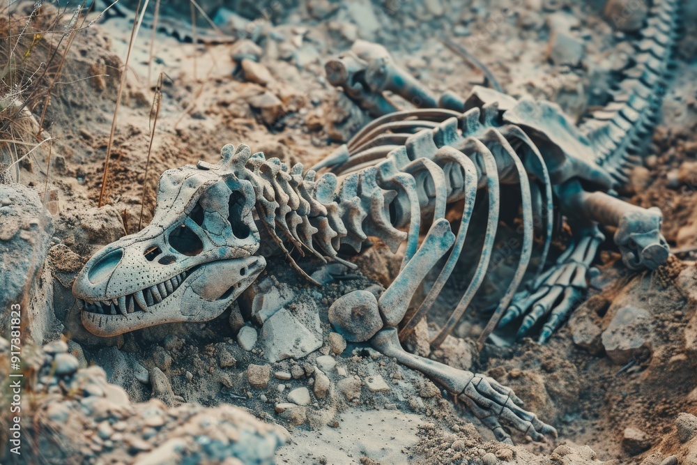 Fossilized skeleton of a prehistoric dinosaur partially uncovered in a ...