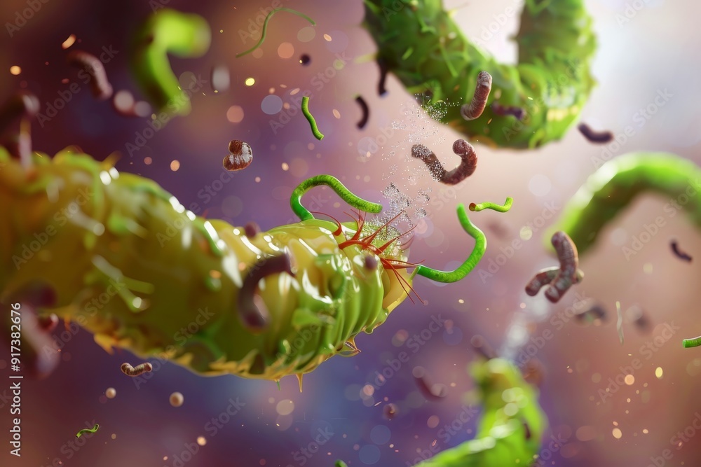 Dynamic green bacteria with segmented bodies and various microorganisms ...