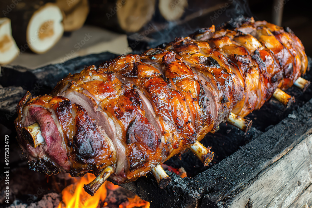 Exquisite Peruvian roasted pig with succulent crispy skin rotating on ...