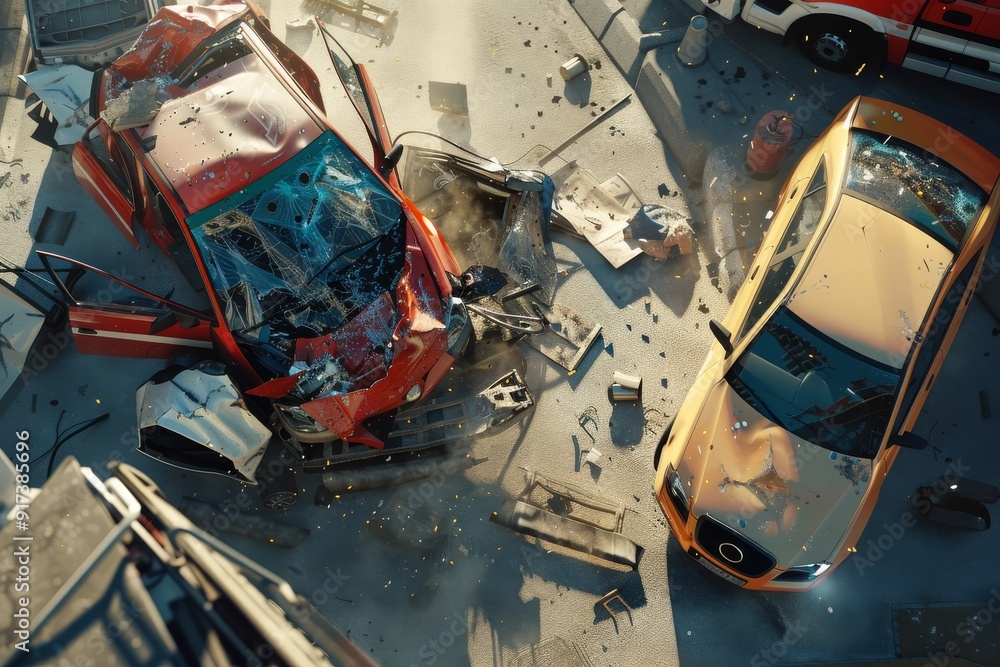 Heavily damaged vehicles and strewn debris captured in a stark ...