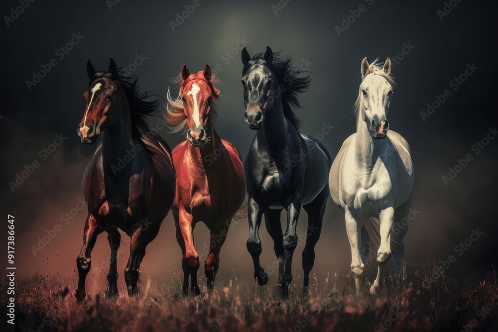 Four majestic horses gallop forward, their powerful forms captured in ...