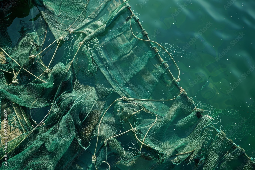 Old fishing nets floating in the water, creating an intricate pattern ...