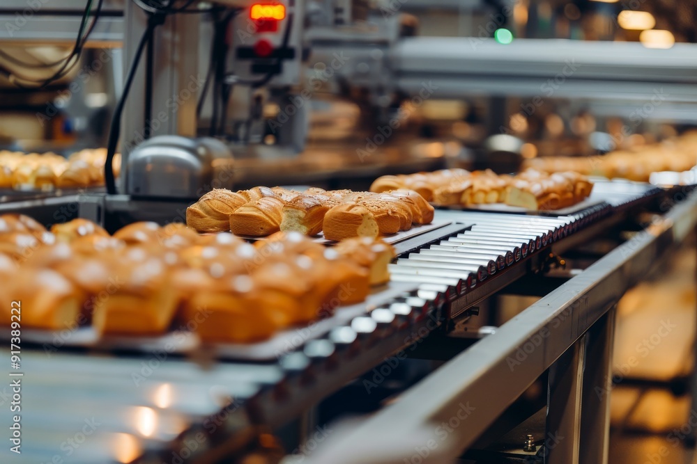 Freshly baked bread rolls moving along a conveyor belt in an industrial ...