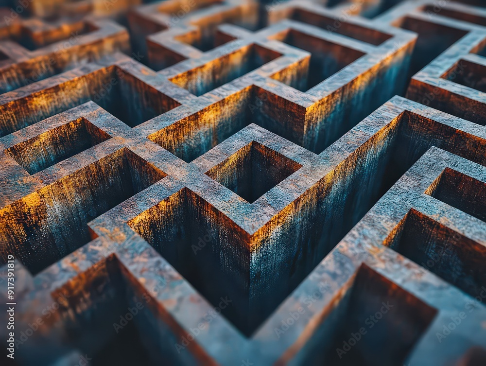 intricate, surreal maze designed as a business structure, with pathways ...