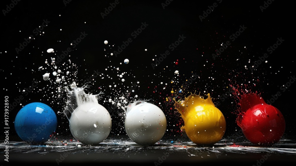 Dynamic scene of five spherical objects, each a different color, with a ...