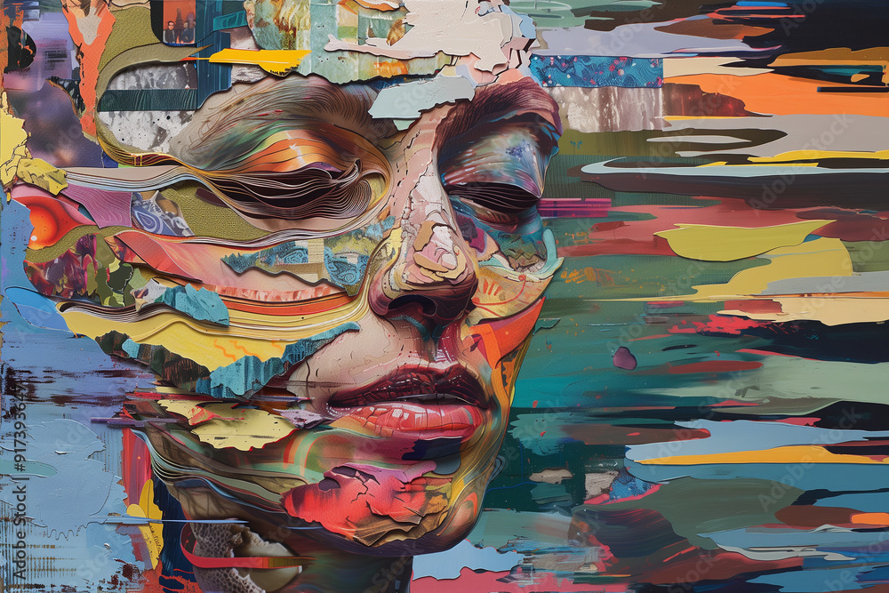 Abstract face melting into a vivid explosion of chaotic colors and ...