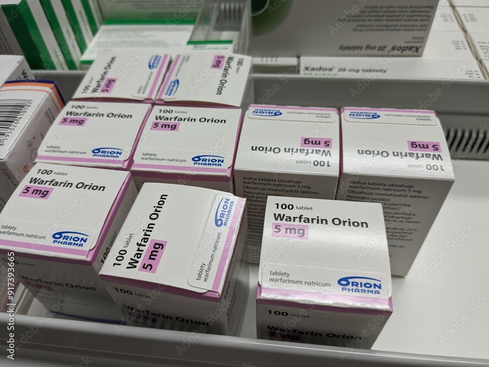 Prague,Czech Republic-August 10 2024: WARFARIN ORION box of medication ...