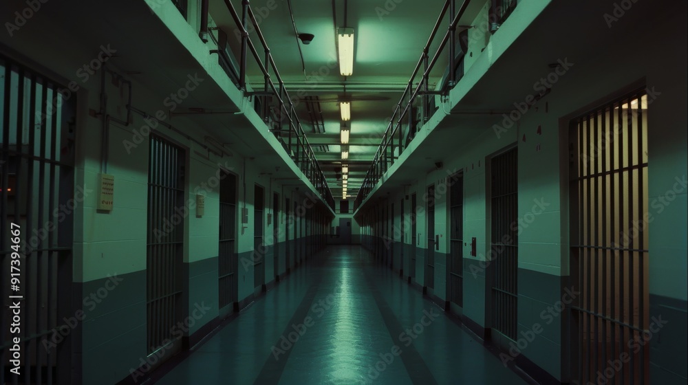 Long, empty prison hallway bathed in eerie fluorescent lighting, with ...