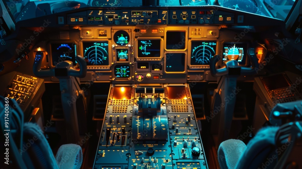 Interior view of a well-lit, modern aircraft cockpit with various ...