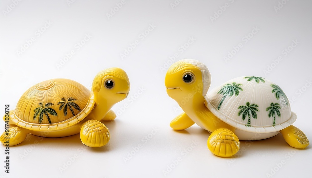 souvenir turtles with yellow and white shells are placed on a white ...